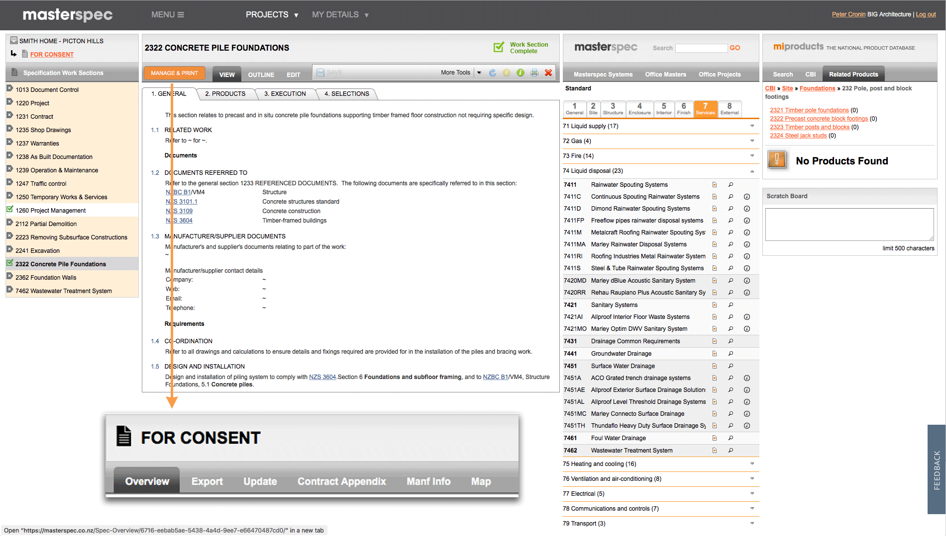 The Work Section task bar - Masterspec